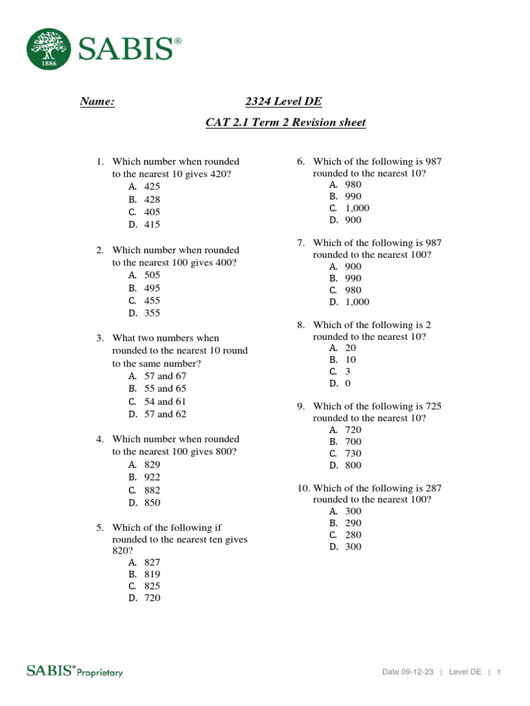 2324-Math MCQ-level DE-CAT2-1-Revision Sheet-Term 2 | PDF