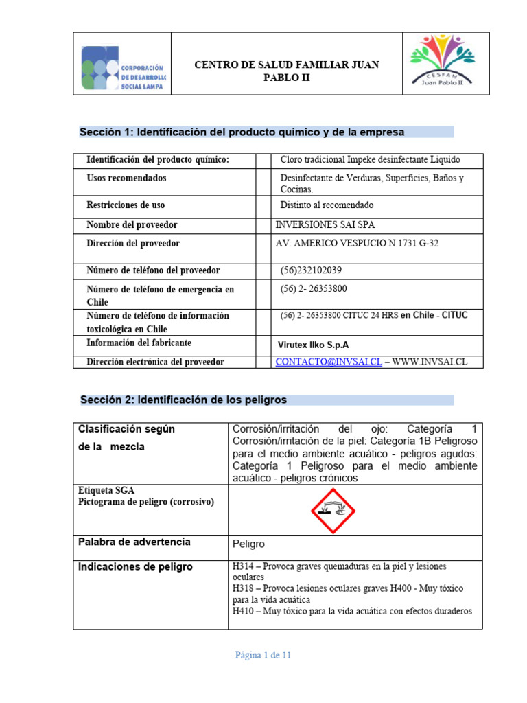 Hoja de Seguridad Cloro | Descargar gratis PDF | Agua | Cloro
