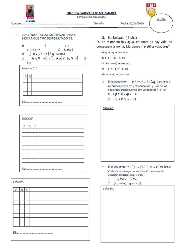 Practica de Logica 4° Sec | PDF | Proposición | Álgebra de Boole