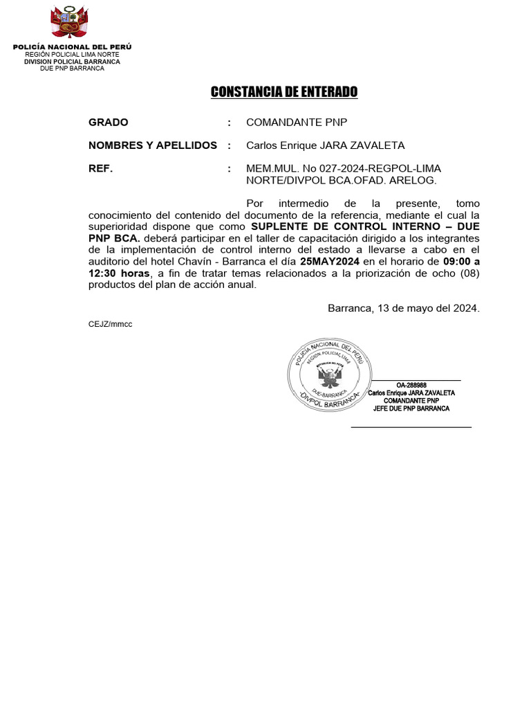 Contancia de Enterado Oficial PNP | PDF | Policía | Lima