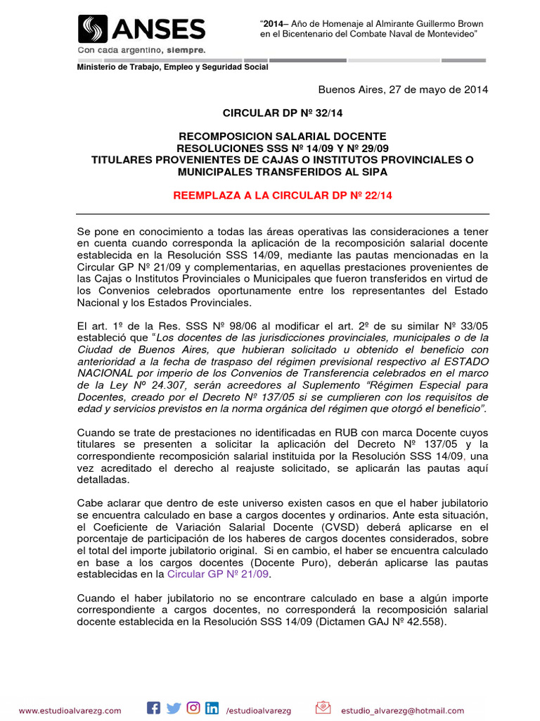 Anses Circular DP #32/14 Recomposicion Salarial Docente Resoluciones SSS #14/09 y #29/09 ...