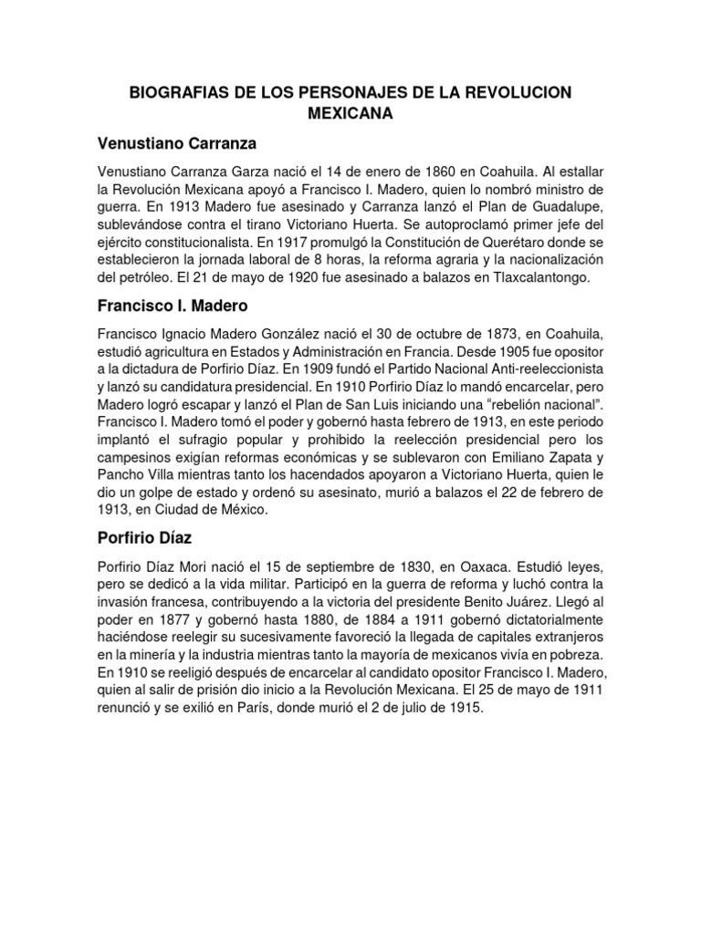 Biografias de Los Personajes de La Revolucion Mexicana | PDF ...