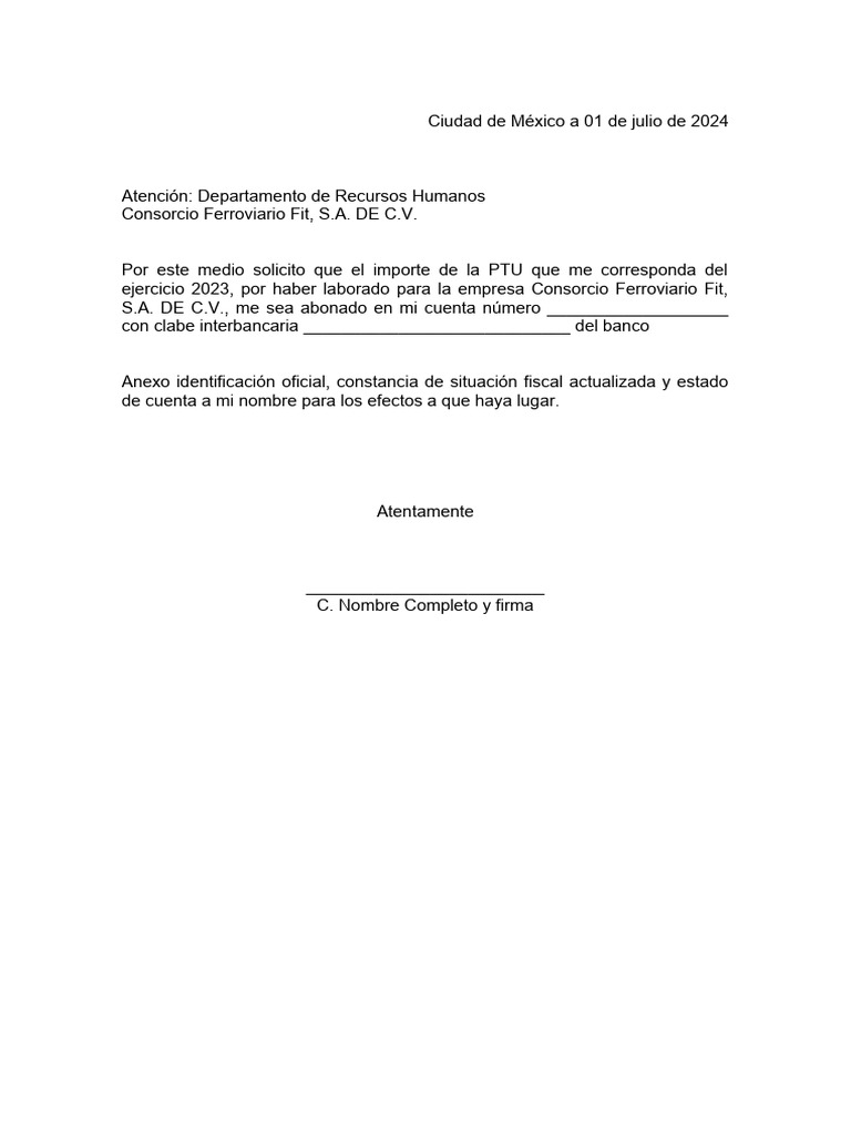 Carta para Solicitar Dispersión de PTU - CFF | PDF