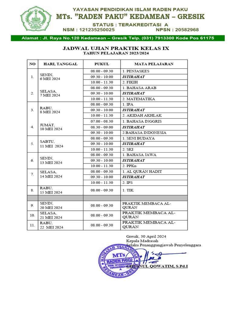 Jadwal Ujian Praktik (2023 - 2024) | PDF