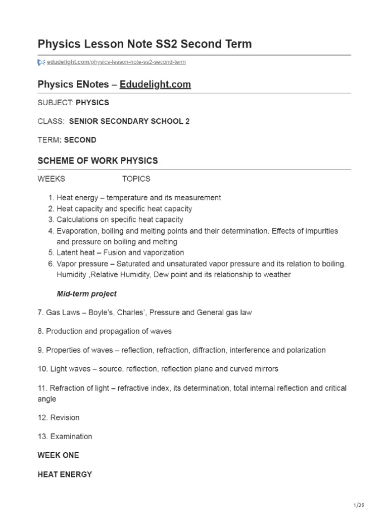 Physics Lesson Note SS2 Second Term | PDF