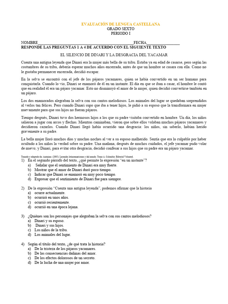 Evaluación de Lengua Castellana Primer Periodo | PDF | Leyendas | Cuentos