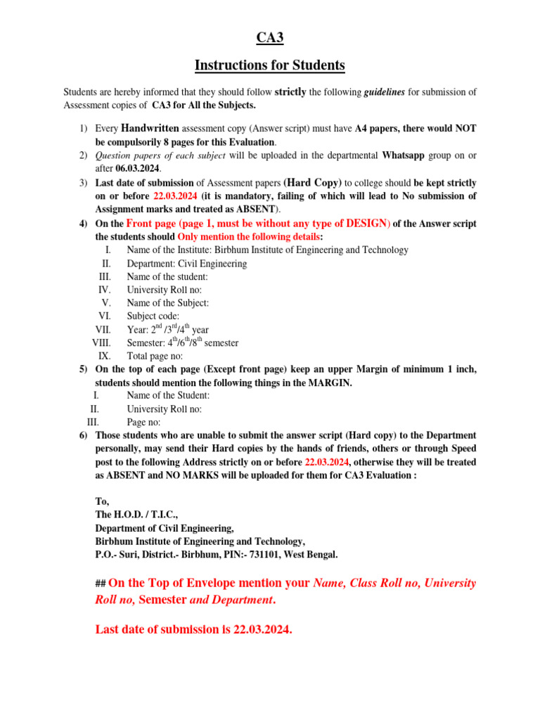 CA3 Instructions For Students 2024 | PDF