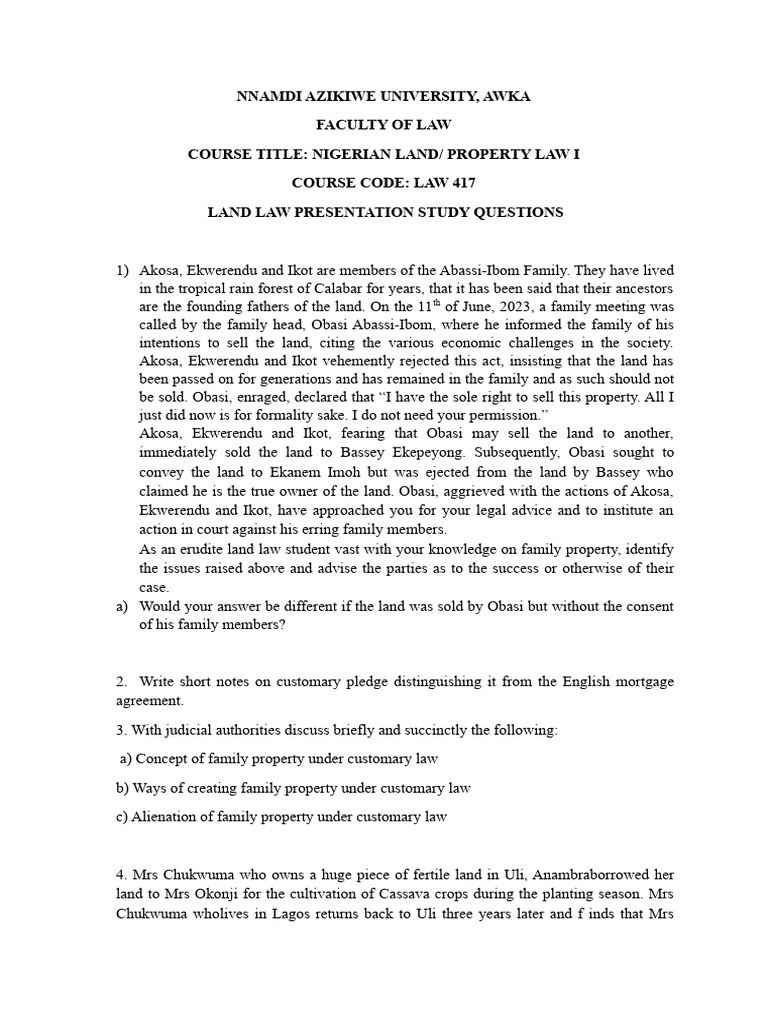 Land Law Presentation Study Questions 2023-2024 | PDF | Private Law ...