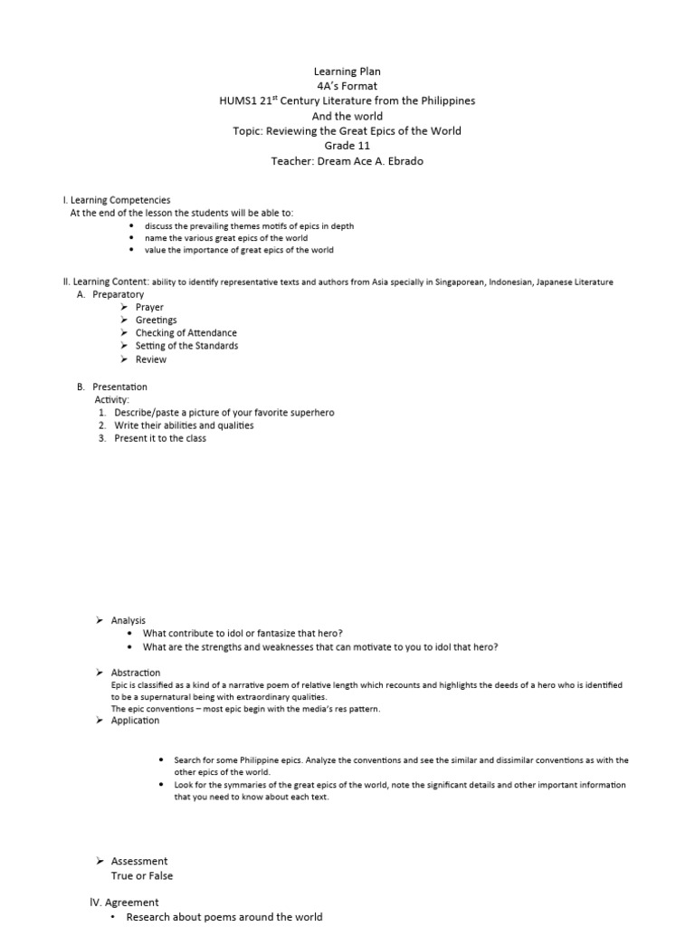 Learning Plan - Hum 1 - Copy | PDF | Epic Poetry | Human Communication