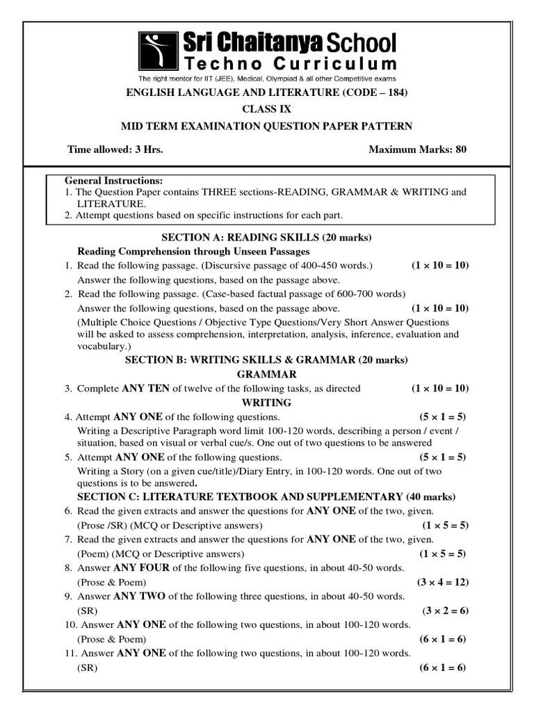CBSE English Class 9 Mid Term Question Paper Pattern | PDF | Reading ...