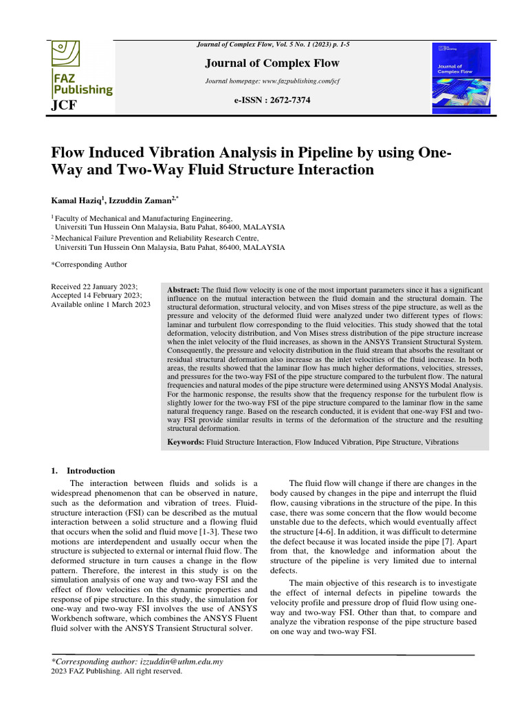 Flow Induced Vibration Analysis in Pipeline by Using OneWay and Two-Way Fluid Structure ...