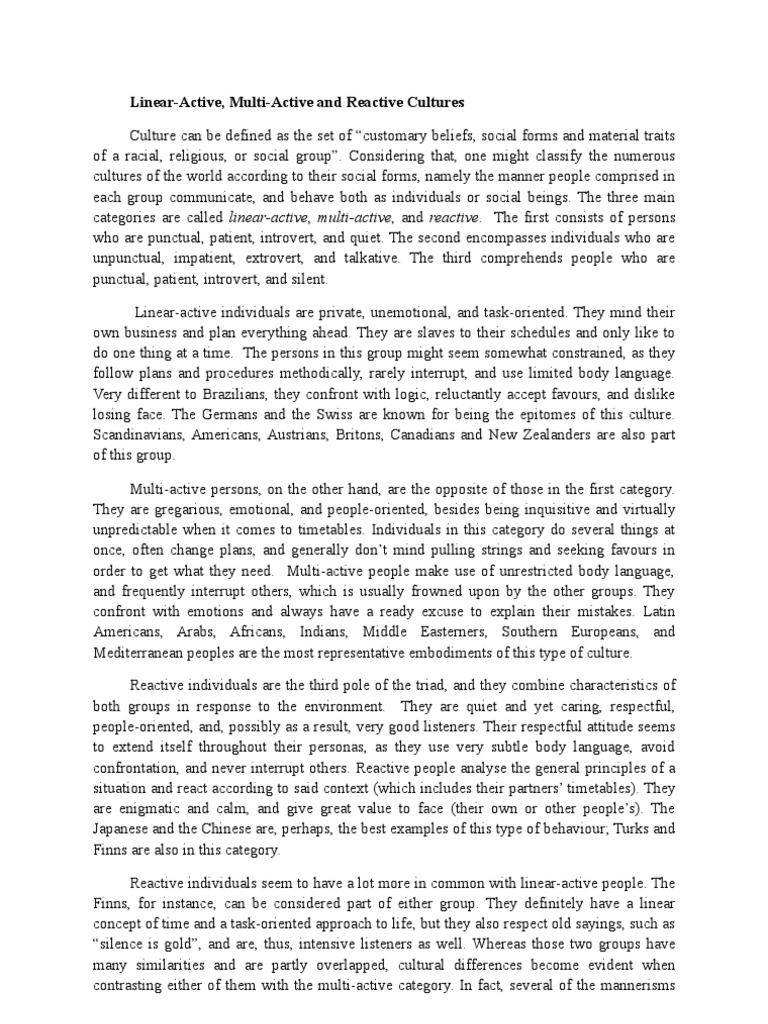 Linear-Active, Multi-Active, and Reactive Cultures - by Feli | PDF ...