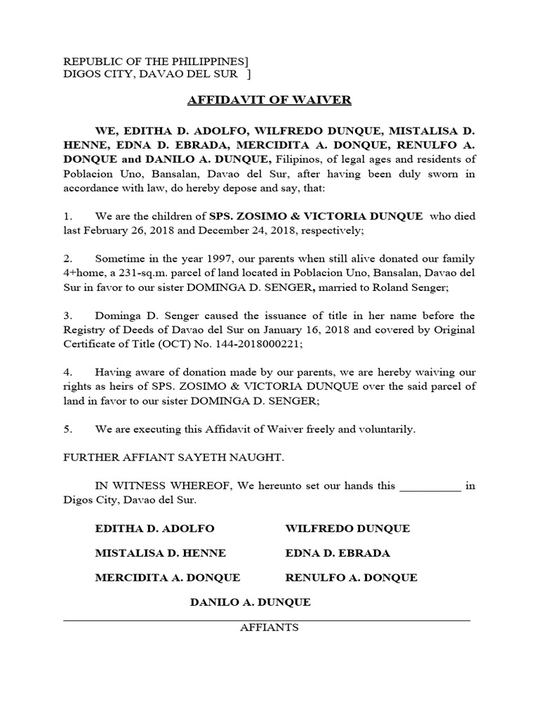 Affidavit of Waiver Donque | PDF | Politics | Law