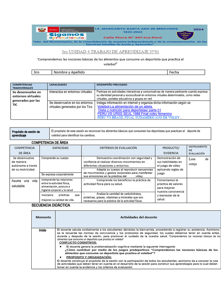 3ro Unidad 4 Trabajo de Aprendizaje n 1 | Descargar gratis PDF | Aprendizaje | Evaluación