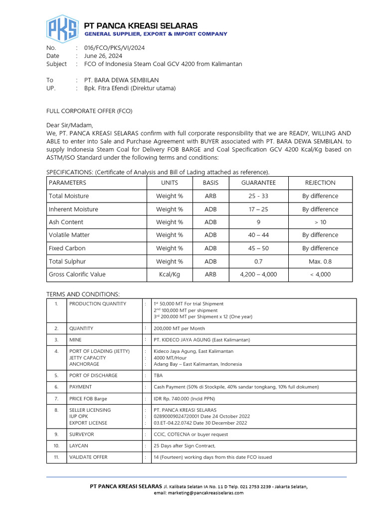 Fco Fob Barge GCV 4200 PKS (26.06.2024) | PDF | Coal | Fuels