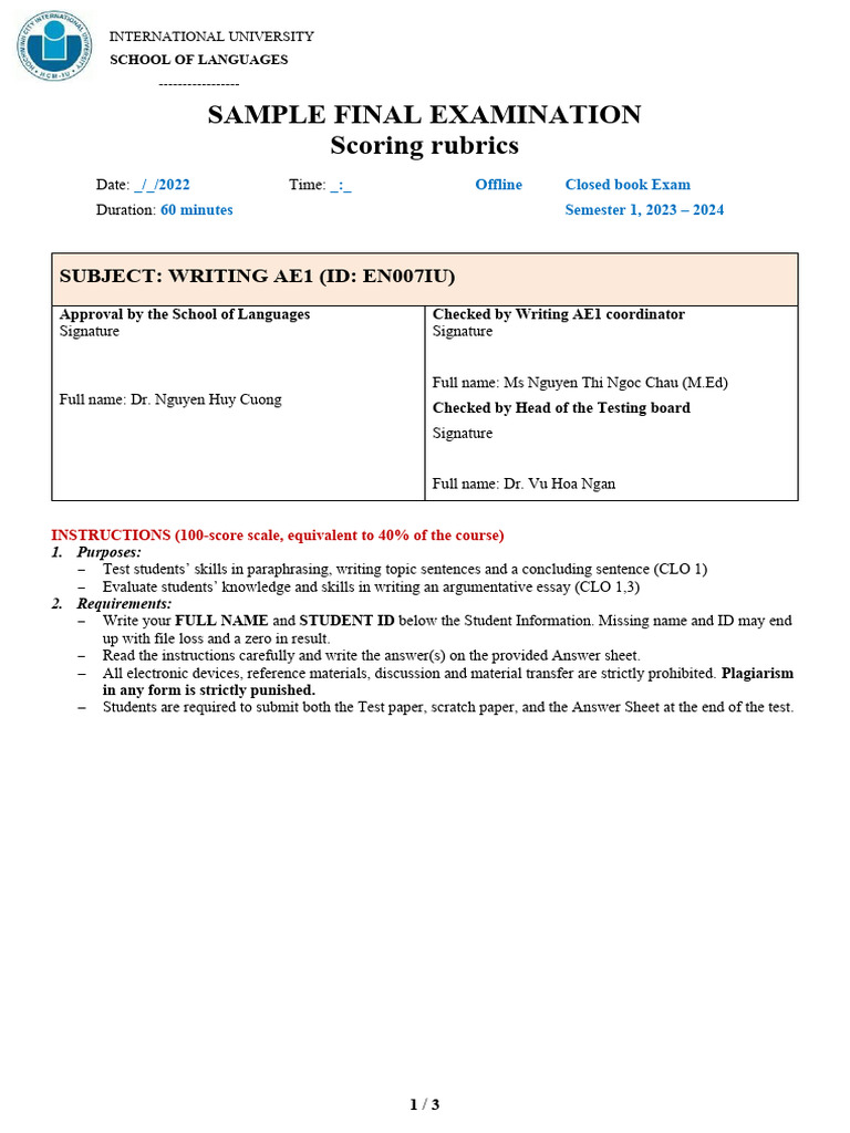 AE1 Writing Final Sample Test (Since 2324S2) - Scoring Rubrics | PDF ...