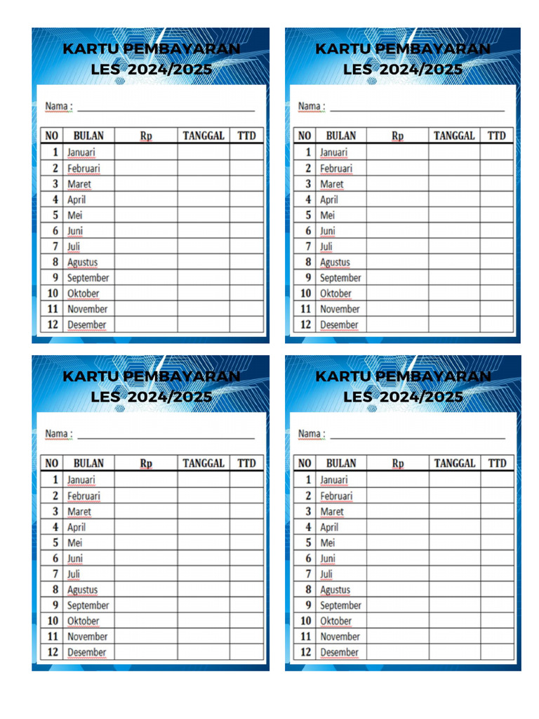 Kartu Pembayaran Les 2024 | PDF