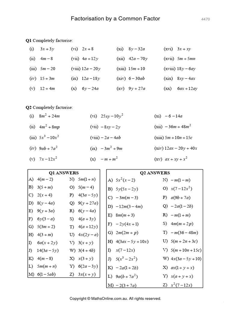 Factorisation by A Common Factor | PDF