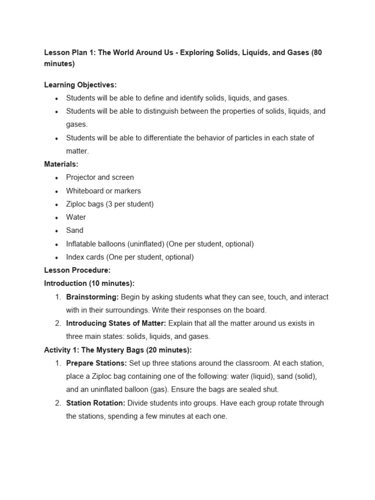 7 Grade Science 2nd Topic Lesson Plan 1 | PDF | Gases | Liquids