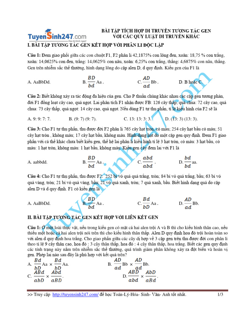 Bai Tap Tich Hopwj Quy Luat Di Truyen Tuong Tac Gen Voi Cac Quy Luat Di Truyen Khac | PDF
