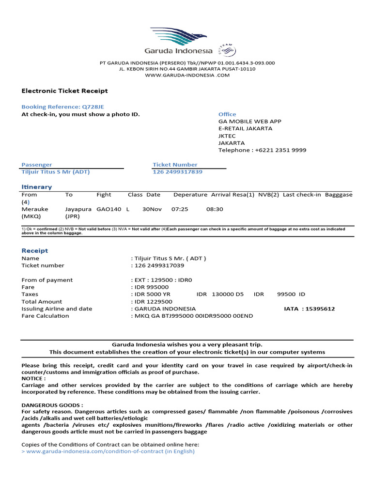 Garuda Indonesia Electronic Ticket Receipt | PDF