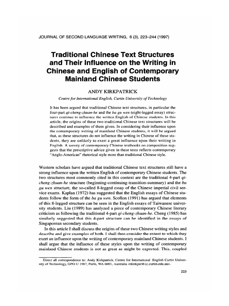Traditional Chinese Text Structures and Their Influence On The Writing ...