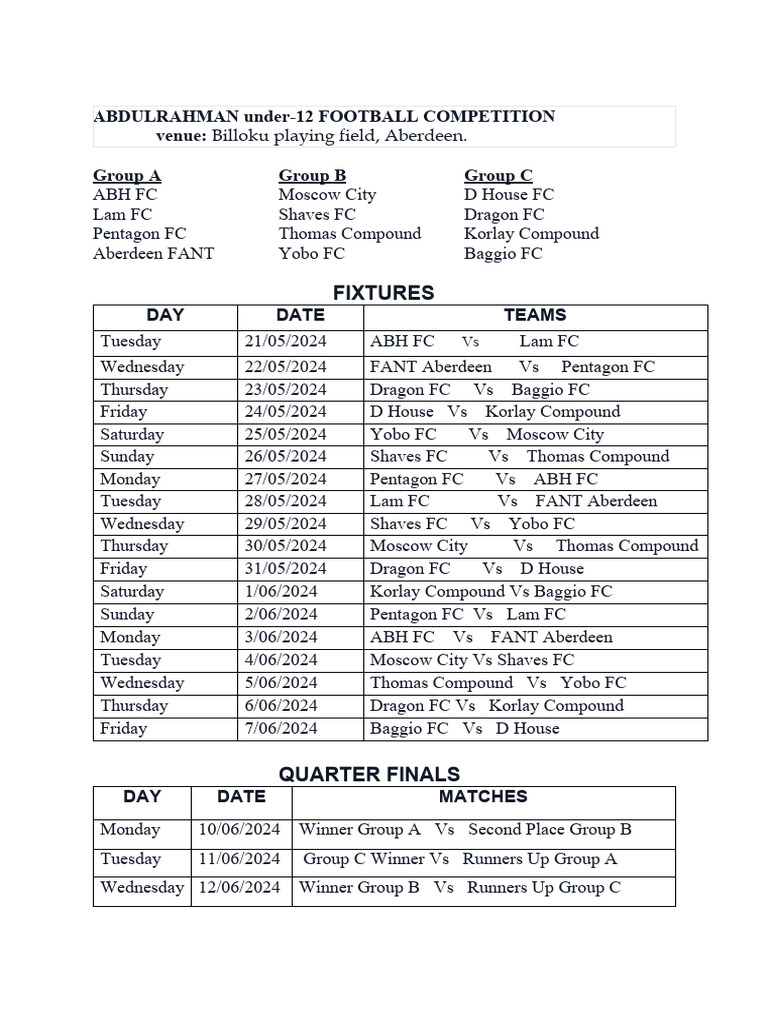 Under-12 Football Competition Schedule | PDF