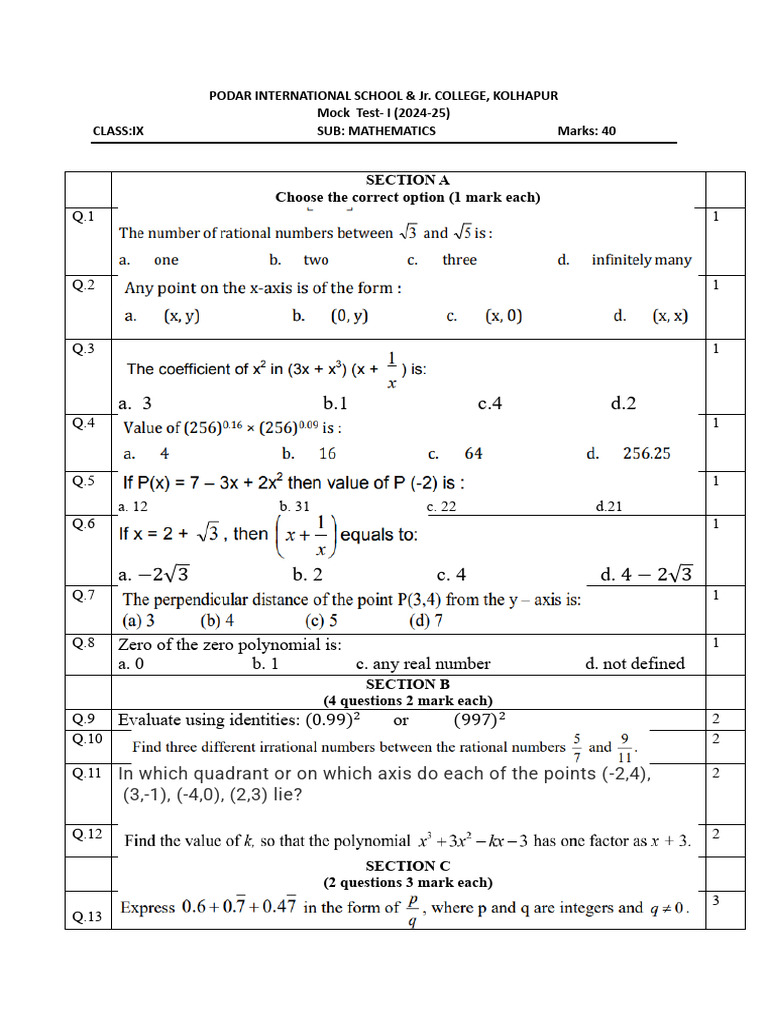 Class IX Math Mock Test 2024-25 | PDF | Mathematical Analysis | Mathematics