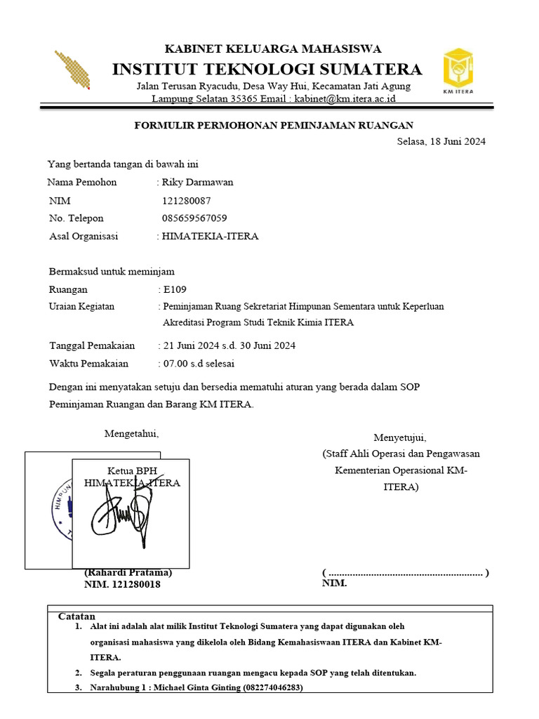 Surat Peminjaman Ruangan_HIMATEKIA-ITERA | PDF
