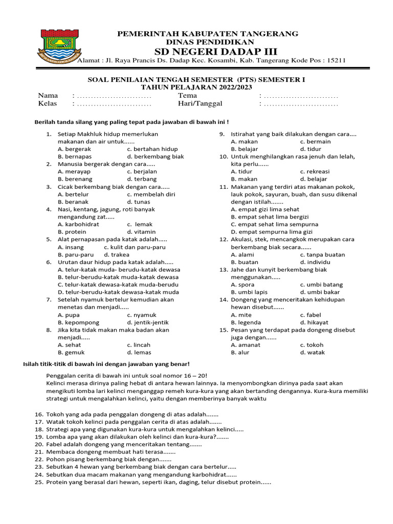 Soal PTS B.INDO Kls. 3 SMTR 1 | PDF | Seni & Disiplin Bahasa | Kajian Bahasa Asing