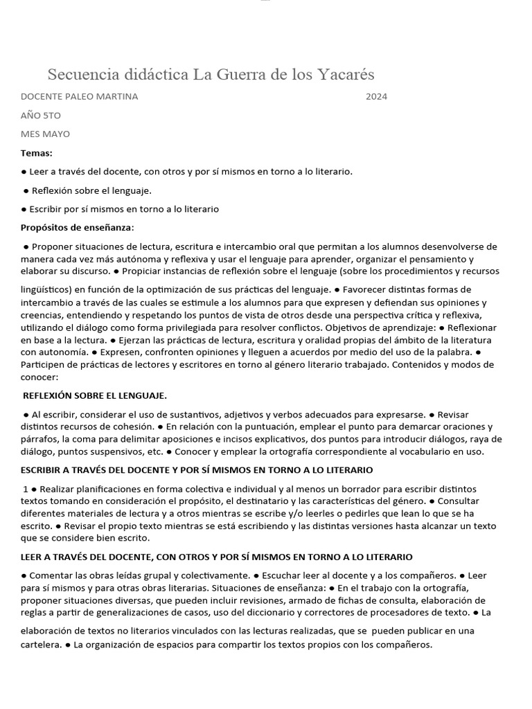 Secuencia Didactica La Guerra de Los Yacares | PDF | Cuentos | Narración