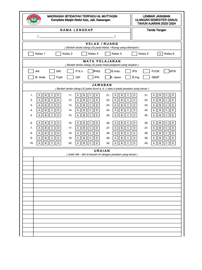 Lembar Jawaban Ulangan MI Al Muttaqin | PDF | Metode & Bahan Ajar