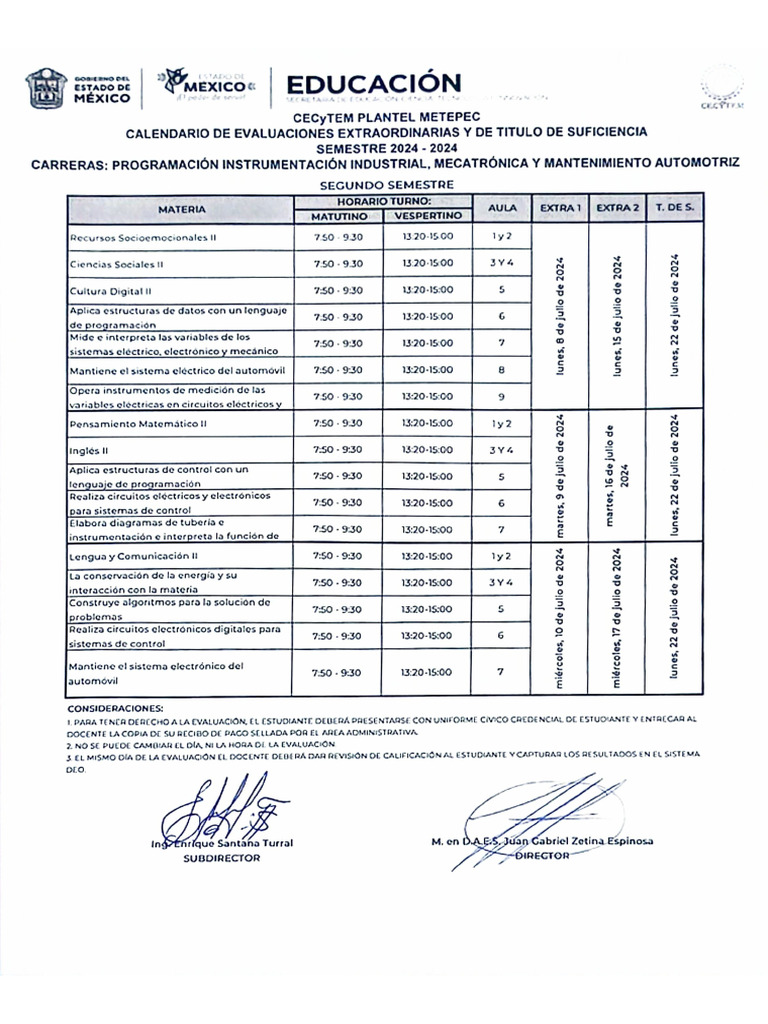 Calendario Segundo Semestre Extras y Título | PDF