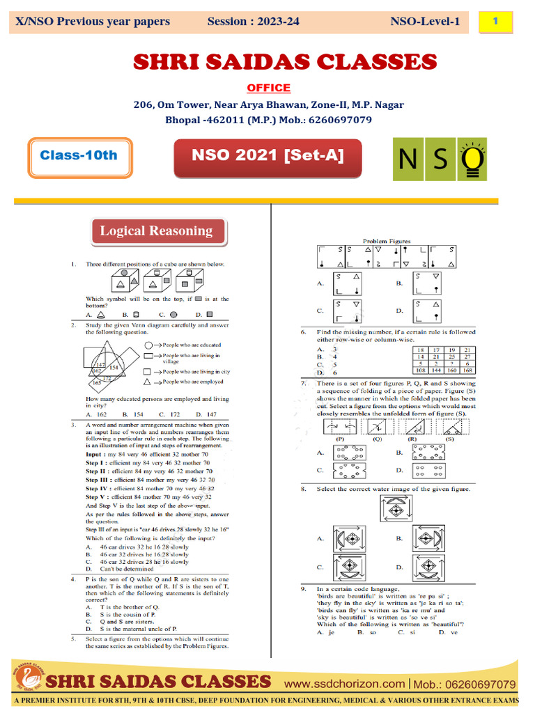 Module-1 NSO (10th class) (Year 2021) (Set-A & B) | PDF