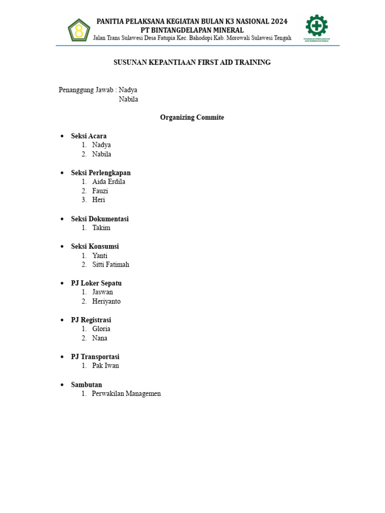 Susunan Panitia First Aid Training | PDF