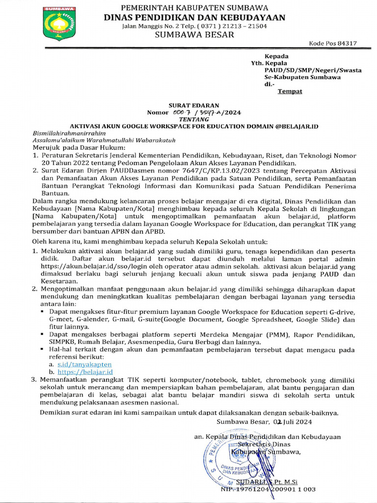 Surat Edaran Aktivasi Akun @BELAJAR - ID - 0001 | PDF