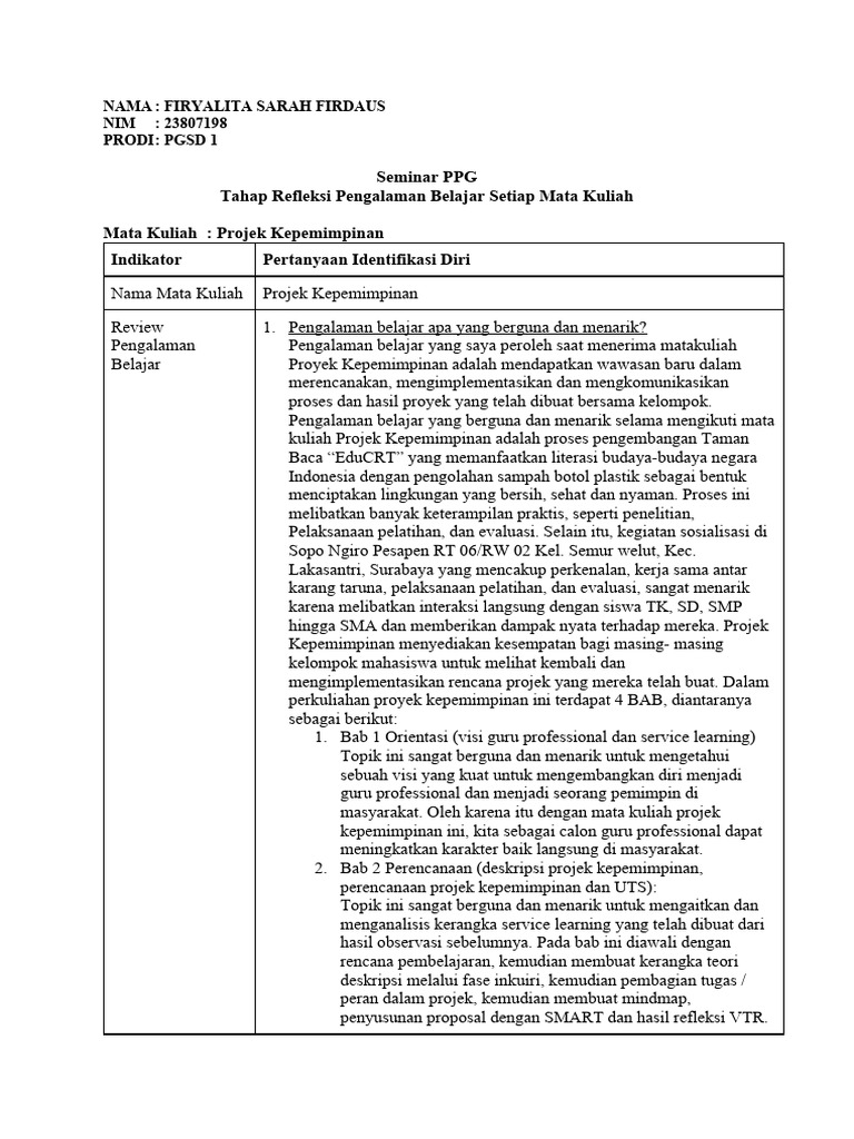 Refleksi Pembelajaran Projek Kepemimpinan | PDF