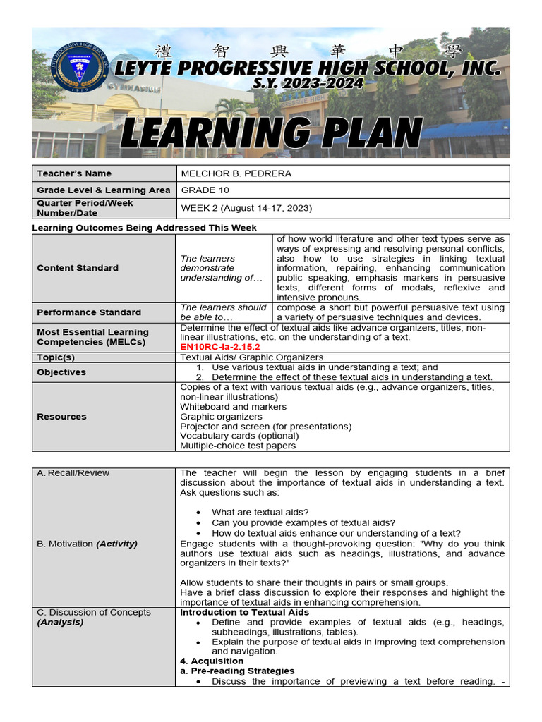 Grade 10 Textual Aids Lesson Plan | PDF | Reading Comprehension | Cognition