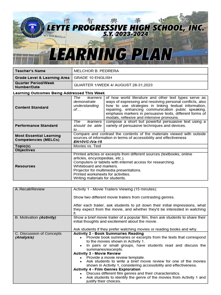 Quarter 1 - Week 4-Sy-2023-2024 | PDF | Critical Thinking | Narrative