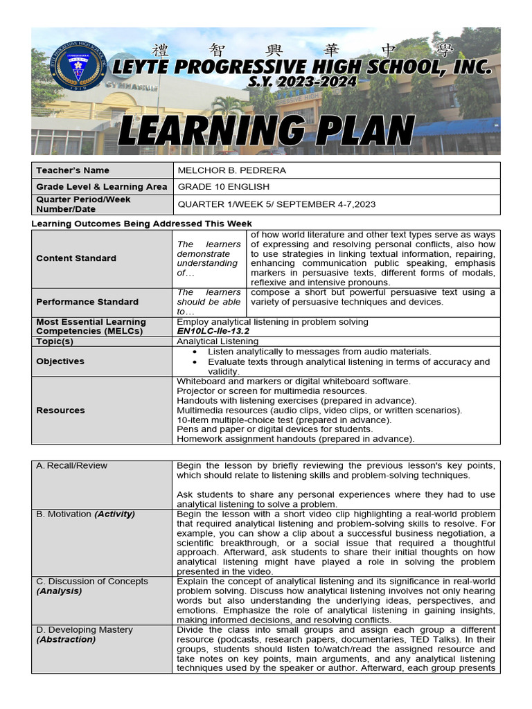 QUARTER 1- WEEK 5-SY-2023-2024 | PDF | Learning | Cognition