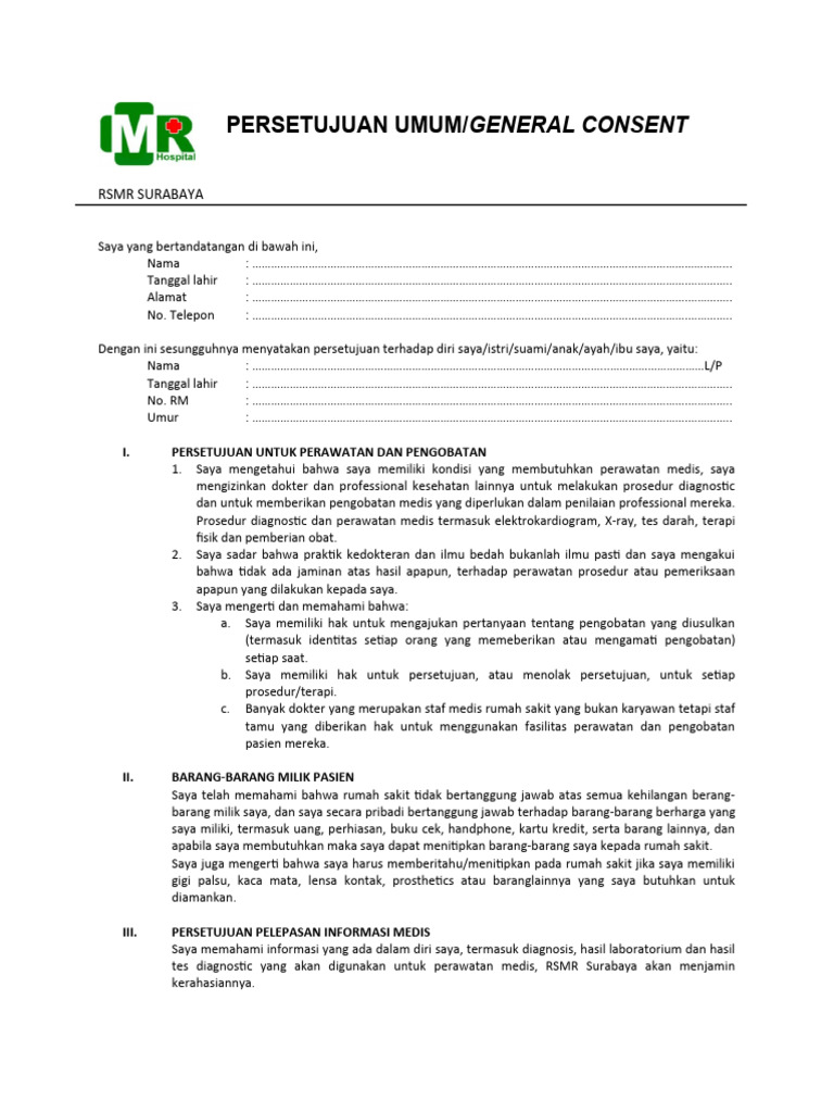 Persetujuan Umum Pasien RSMR Surabaya | PDF