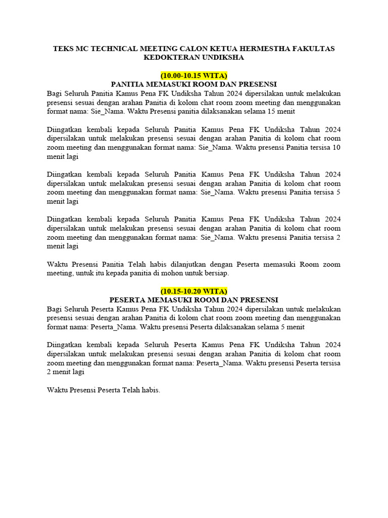 Teks MC Technical Meeting Calon Ketua Hermestha Fakultas Kedokteran Undiksha | PDF | Bisnis ...