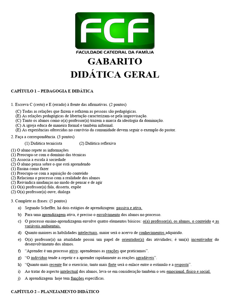 DIDÁTICA GERAL-Gabarito Dos Exercícios | PDF | Aprendizado | Pedagogia DIDÁTICA GERAL-Gabarito Dos Exercícios | PDF | Aprendizado | Pedagogia