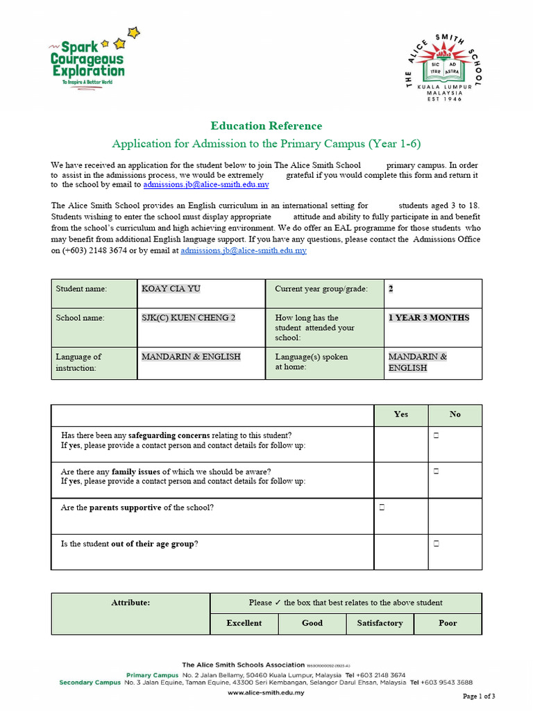 (Filled) #Spark - Reference (Y1-6) - Application For Admission - JB | PDF | Learning | Behavior ...