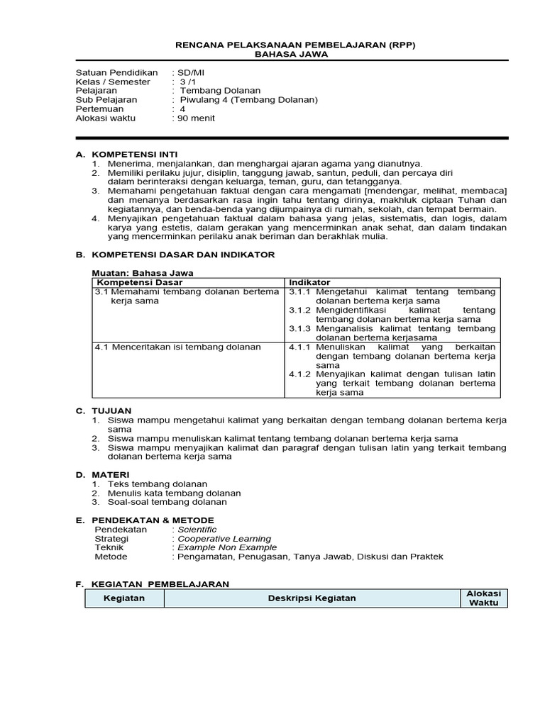 RPP Bahasa Jawa Kelas 3 | PDF | Seni & Disiplin Bahasa