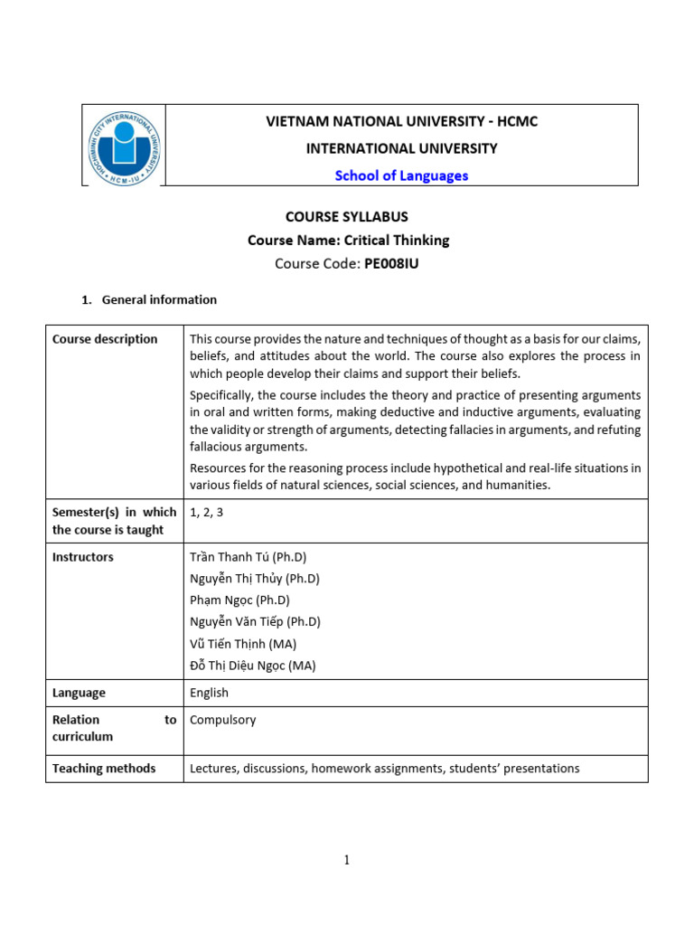2023-2024.PE008IU Critical Thinking syllabus - Semester 2 | Download Free PDF | Critical ...