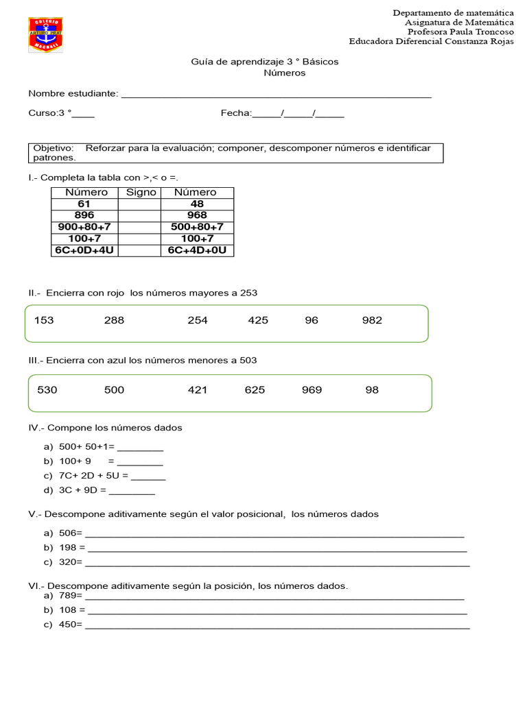 Guía de repaso prueba de numeros; componer, descomponer números e ...