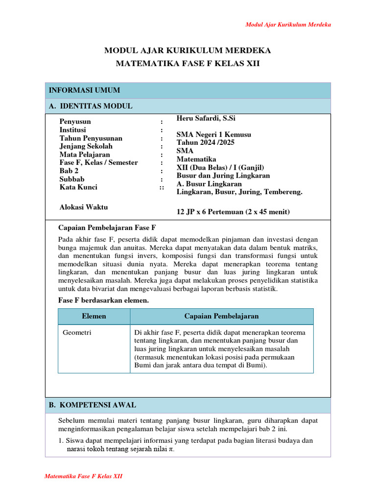 Modul Ajar Bab 2 Busur Dan Juring Lingkaran | PDF