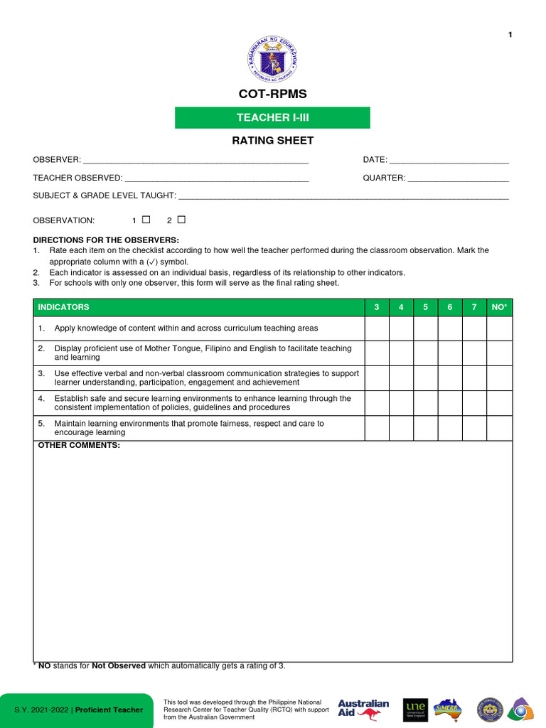 Appendix 3C COT RPMS Rating Sheet For T I III For SY 2021 2022 in The ...