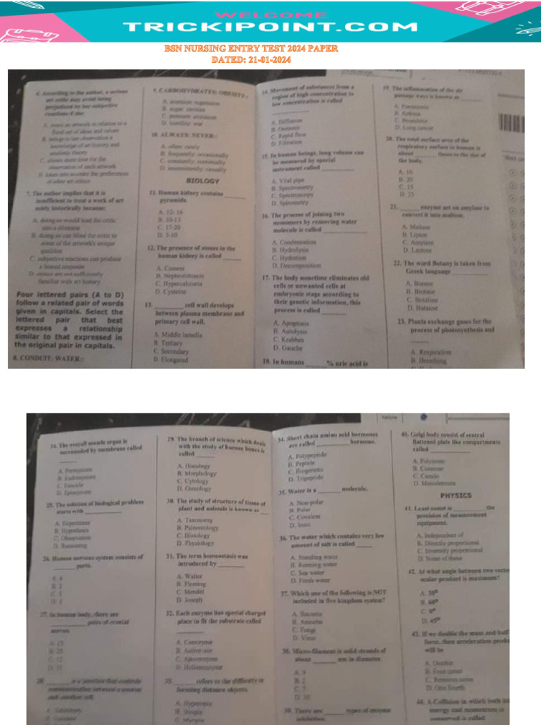 BSN Nursing Entry Test Past Paper 2024 | PDF